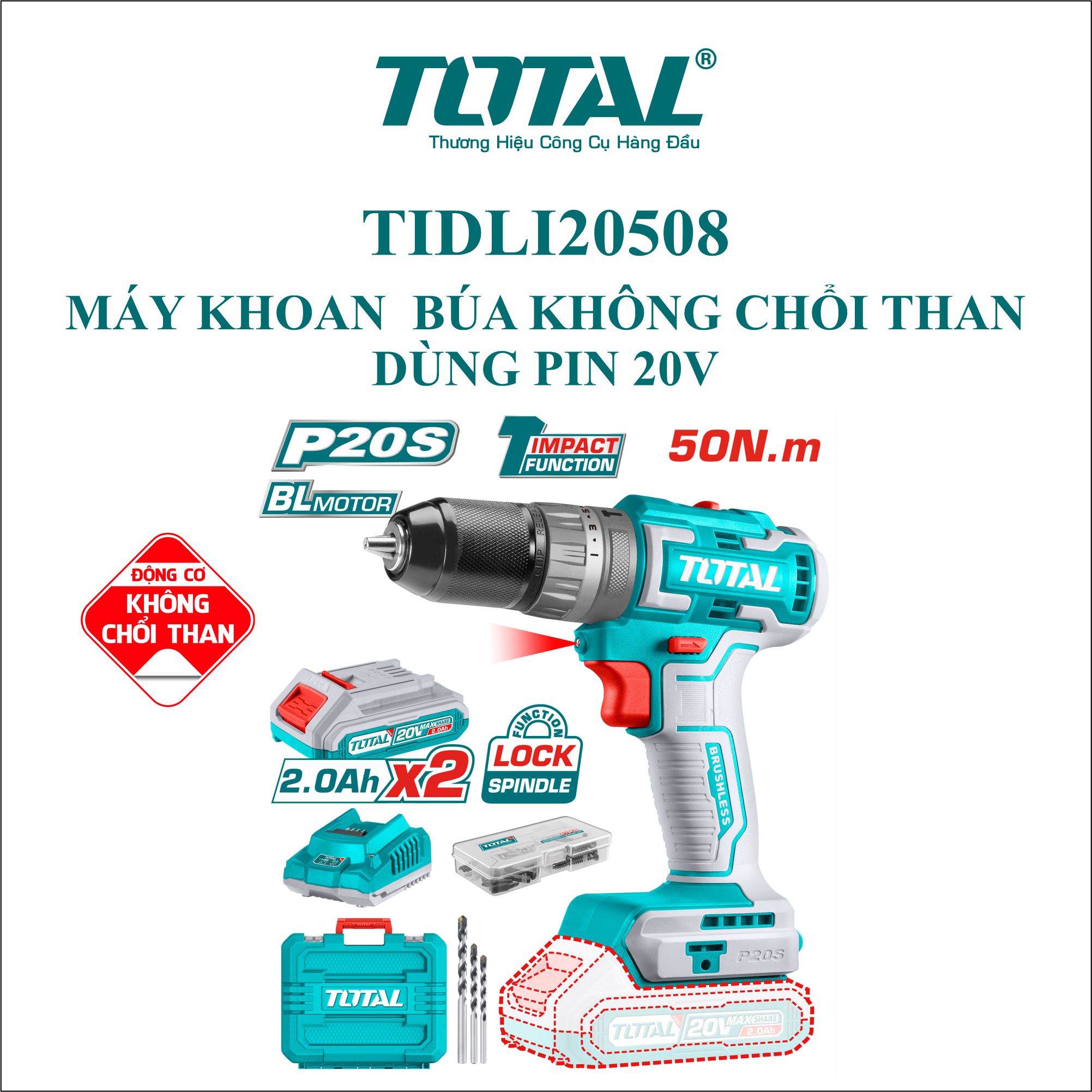 Máy khoan búa không chổi than dùng pin LithiumIon 20V TIDLI20508 - The ...
